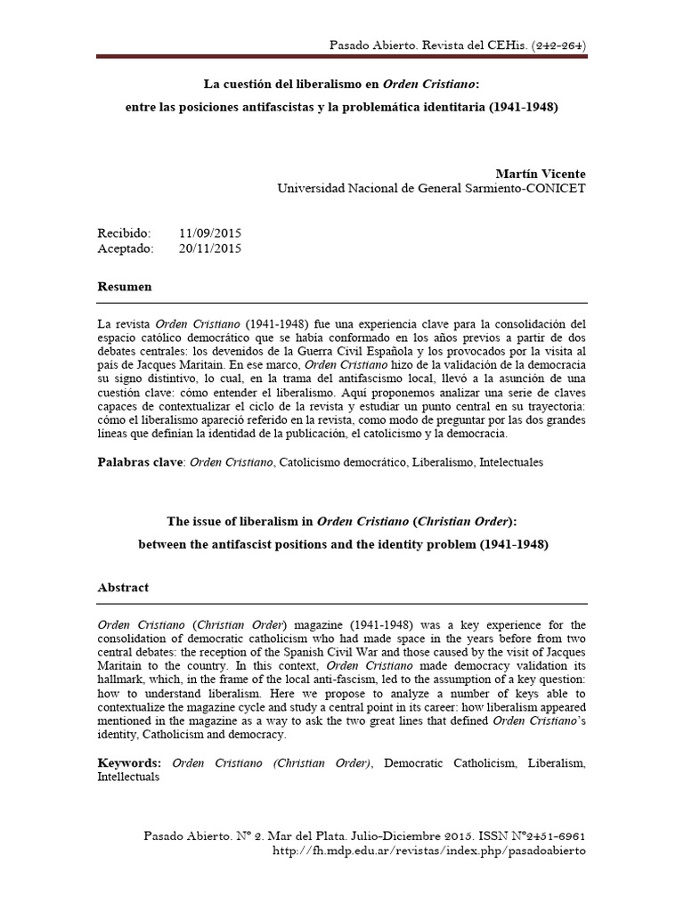 Vicente, M. A. (2015) - La Cuestion Del Liberalismo en Orden Cristiano - Entre Las Posiciones ...