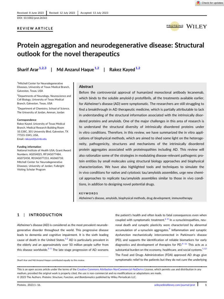 Proteins - 2023 - Arar - Protein Aggregation and Neurodegenerative Disease Structural Outlook ...