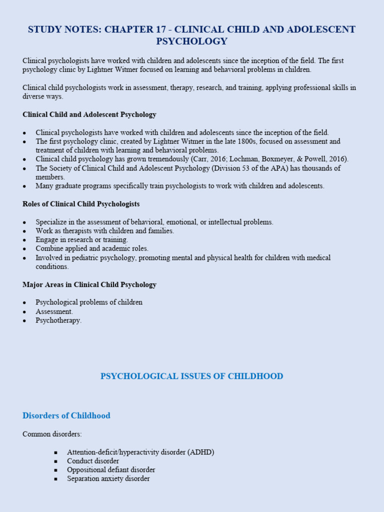 STUDY NOTES CHAPTER 17 (Clinical Psychology) | PDF | Psychotherapy ...