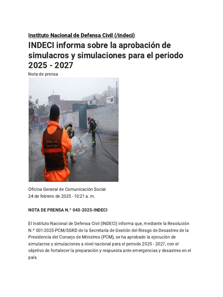 INDECI Informa Sobre La Aprobación de Simulacros y Simulaciones para El Periodo 2025 - 2027 ...