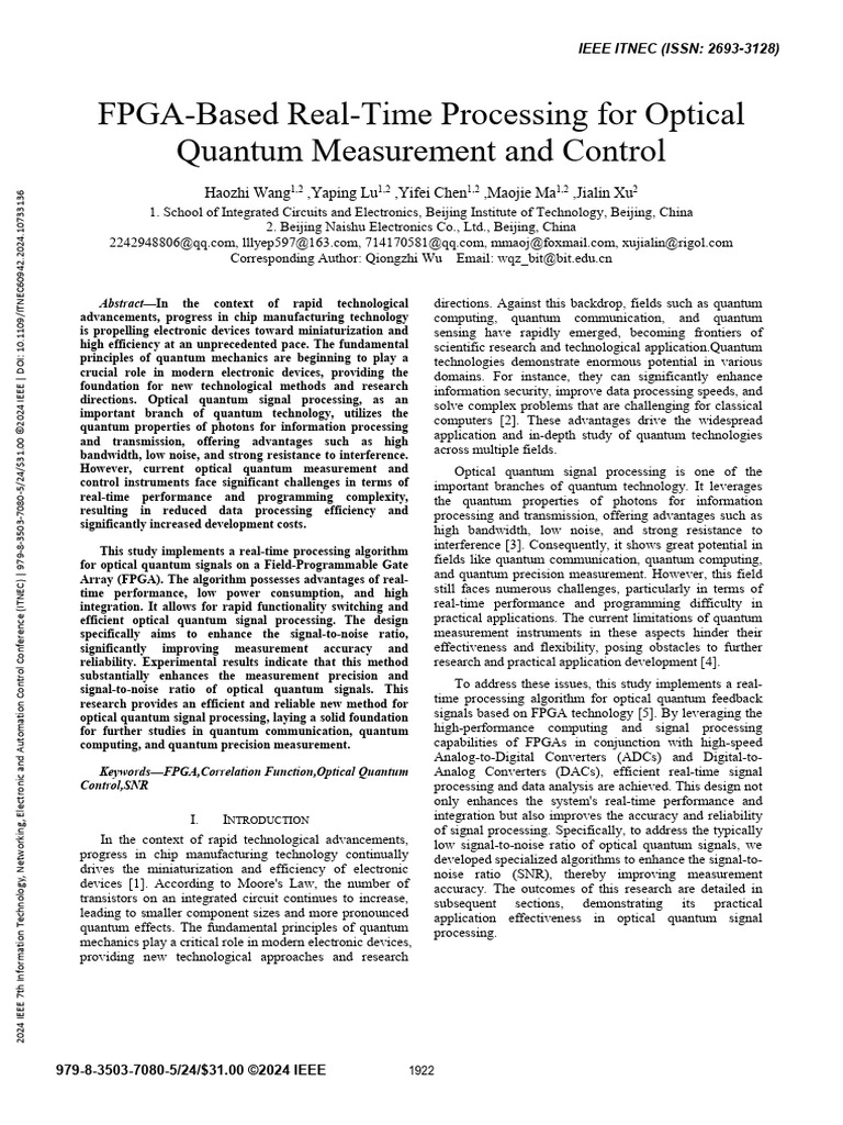 FPGA-Based Real-Time Processing For Optical Quantum Measurement and Control | PDF | Signal To ...