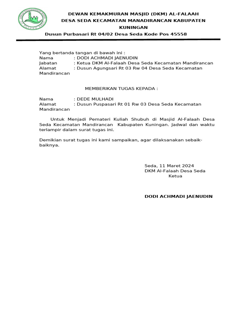 Surat Tugas Imam Rowatib | PDF