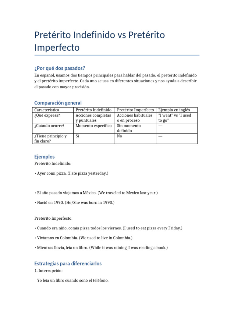 Pretérito Indefinido vs Imperfecto | PDF