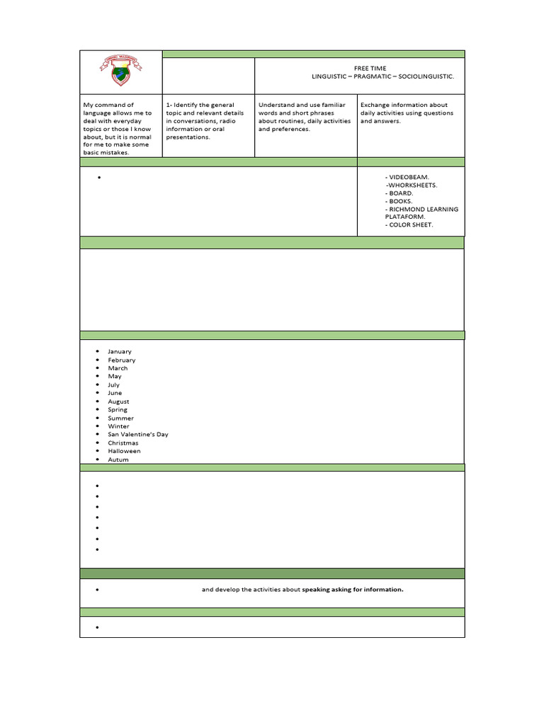 6th Grade English Class Plan: Free Time | PDF | Communication | Learning