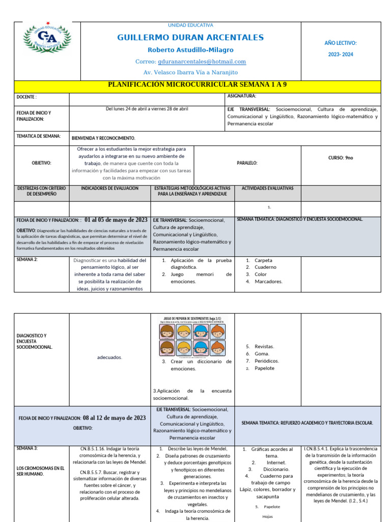 Formato Planificacion 9 Semanas | PDF | Aprendizaje | Evaluación