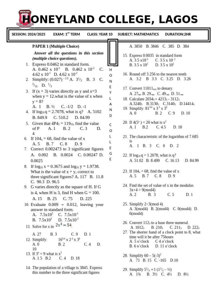 1ST TERM 2025 MAIN EXAM | PDF | Logarithm | Arithmetic