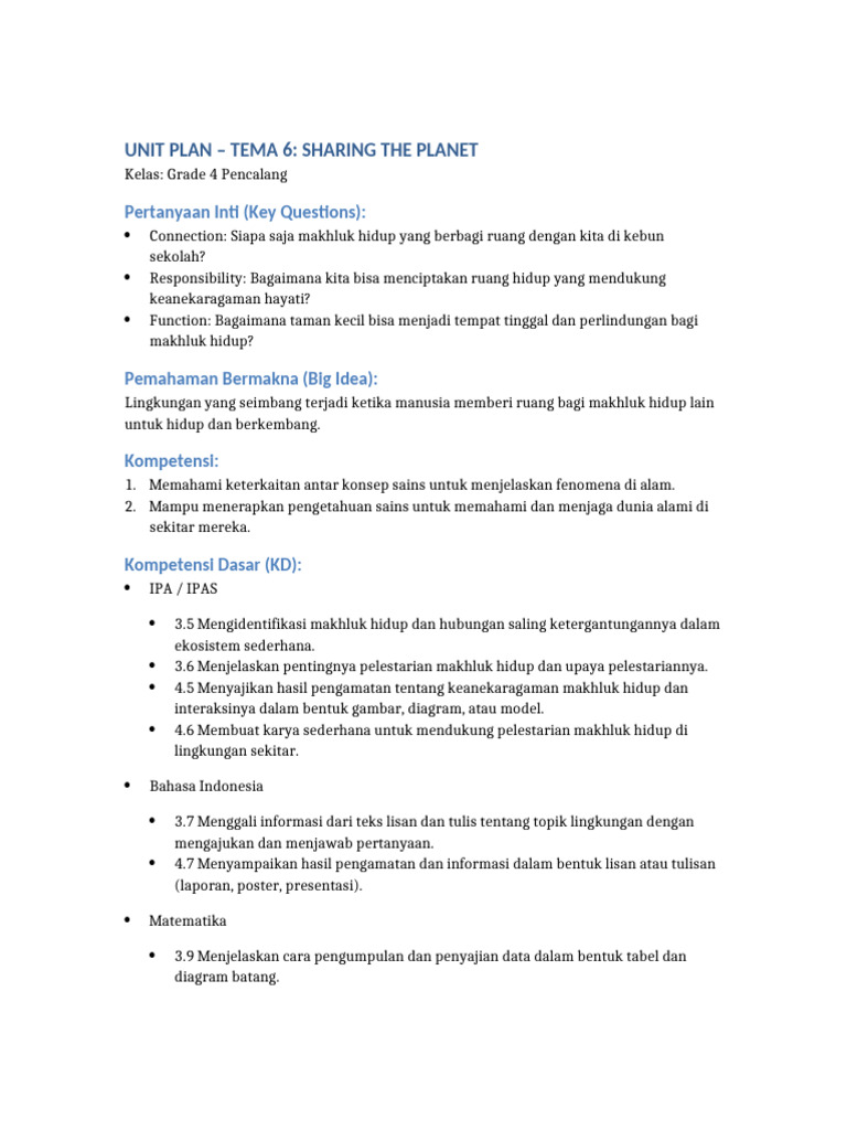 Unit Plan Tema 6 Sharing The Planet Final | PDF