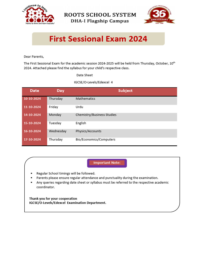 Date Sheet First Sessional IGCSE, O-Level 4 | PDF