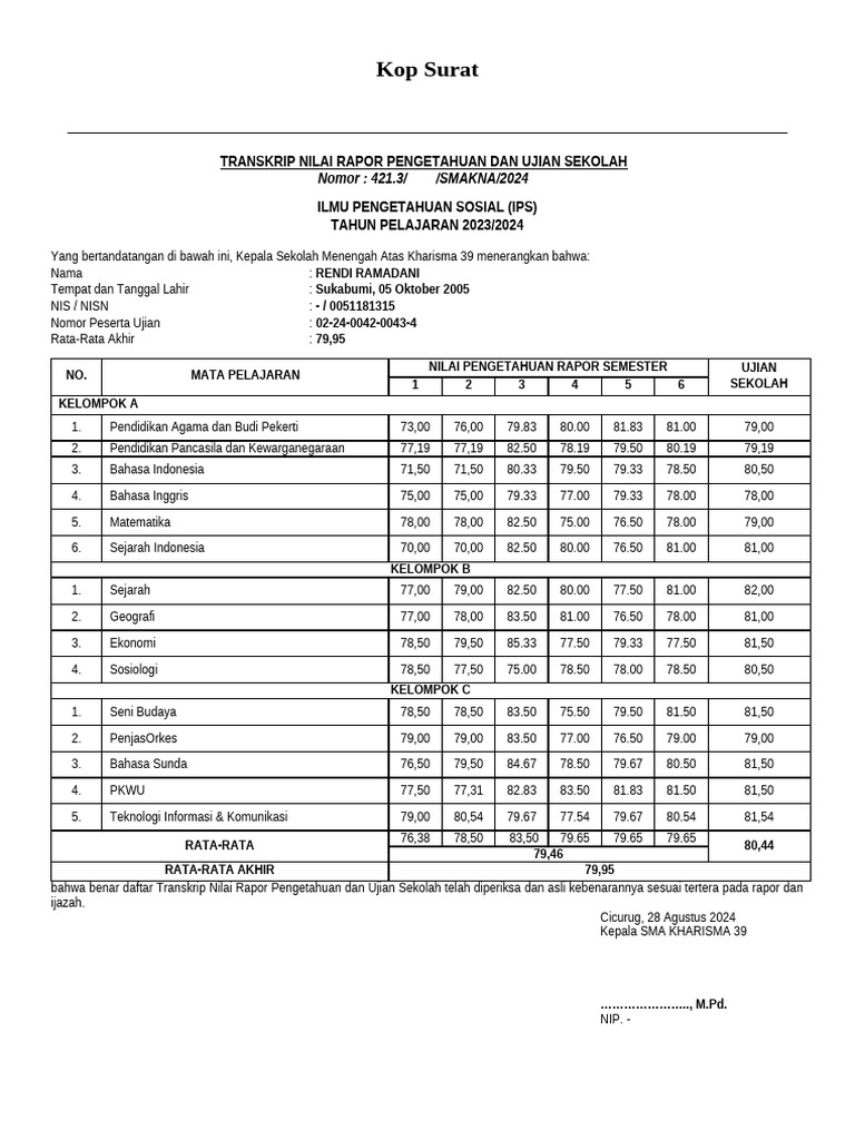 Transkrip Nilai Rapor | PDF