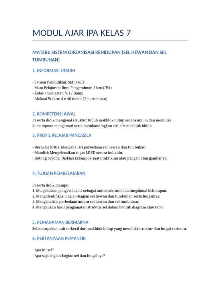 Modul Ajar IPA Kelas 7 Sel | PDF