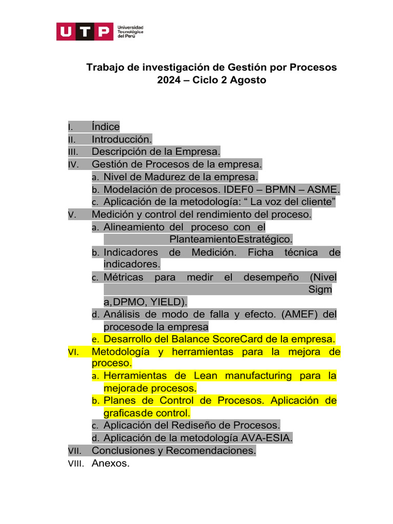 Estructura para El Informe de Gestion Por Procesos - TA3 | PDF