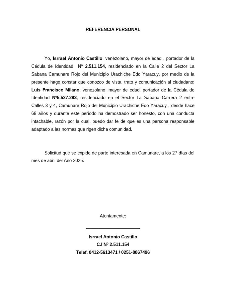 REFERENCIA PERSONAL Modelo | PDF