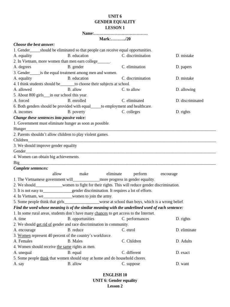 Unit 6 Gender Equality Lop 10 (In 11 Bo 2 Mat) | PDF | Poverty ...