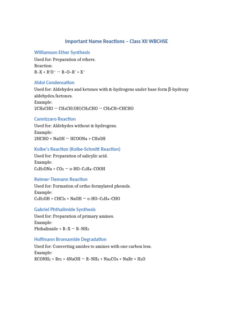 Key Name Reactions for Class 12 Chemistry | PDF