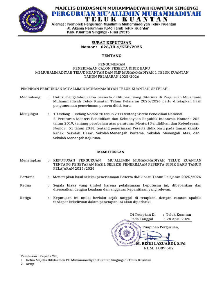 06 SK Penetapan Kelulusan Santri Baru Mim Dan SMP | PDF