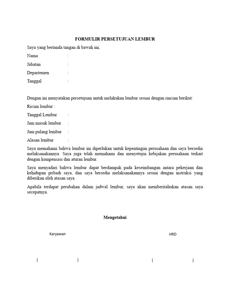 Formulir Persetujuan Lembur Karyawan | PDF