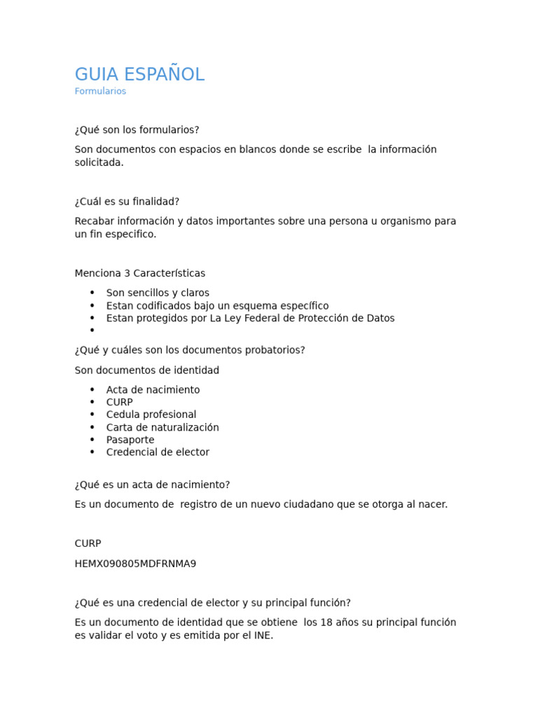 GUIA ESPAÑOL Formularios | PDF