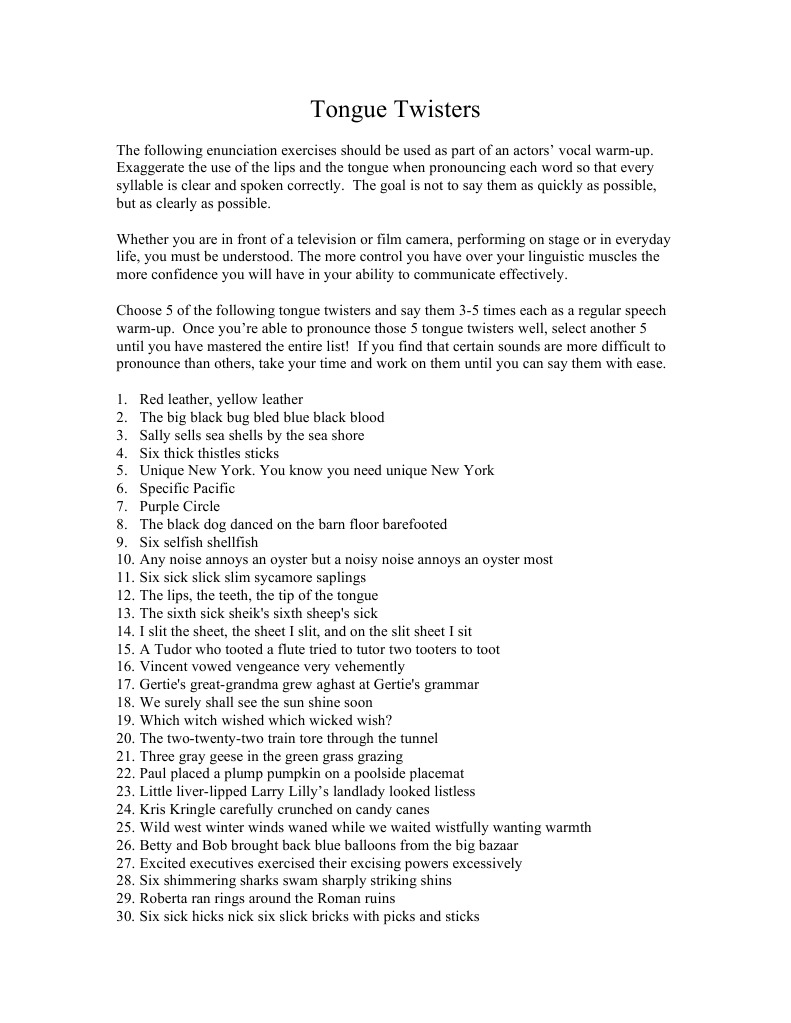 Tongue Twisters: Enunciation Exercises for Actors | PDF