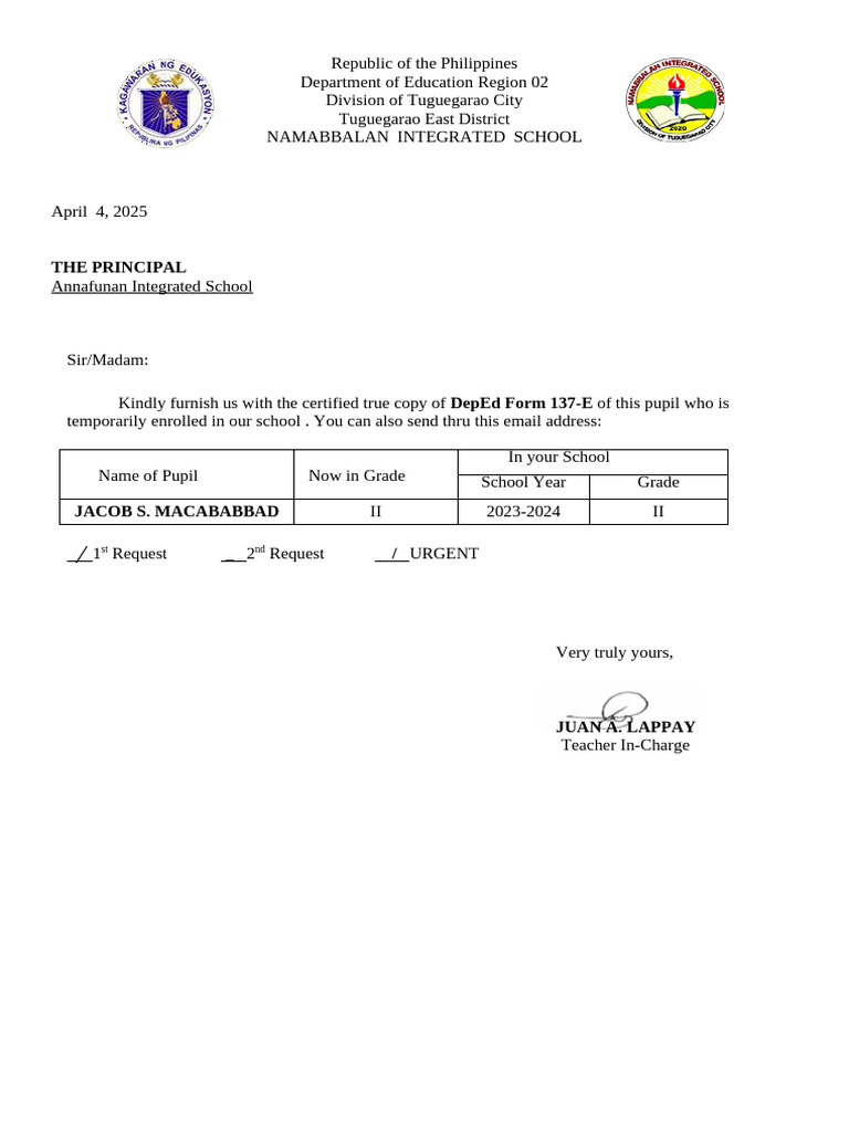 Request Letter For Form 137 | PDF