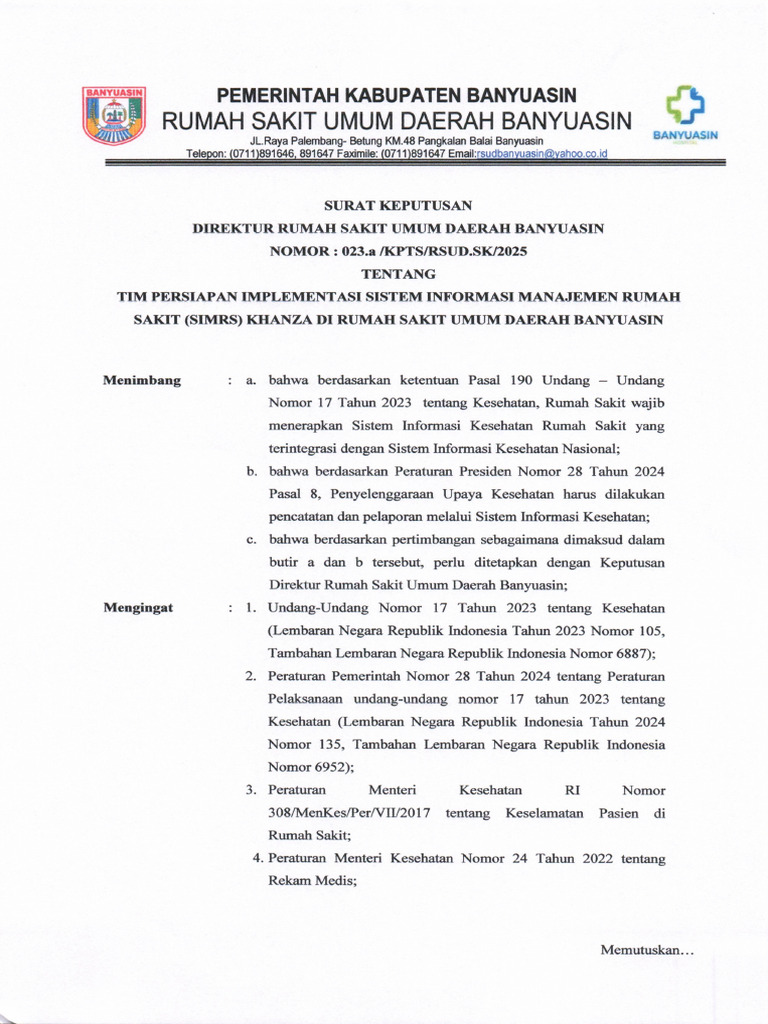 SK Tim Persiapan Implementasi Simrs Khanza Di Rsud Banyuasin | PDF
