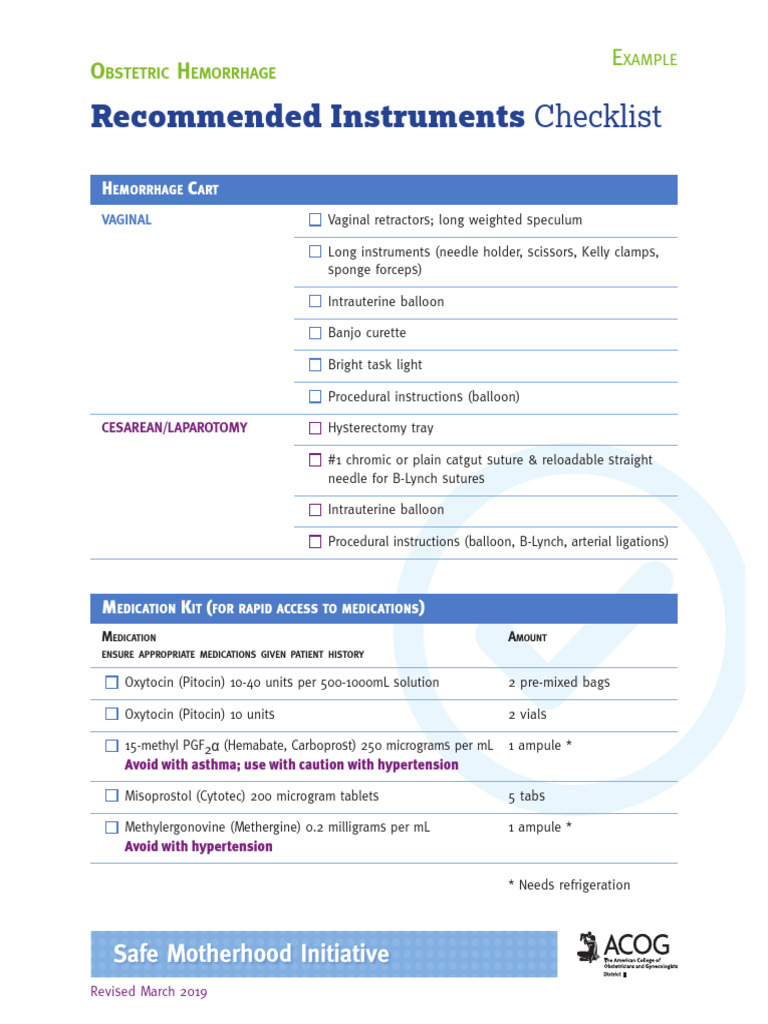 SMI Ob Hemorrhage Bundle Recommended Instruments Checklist | PDF