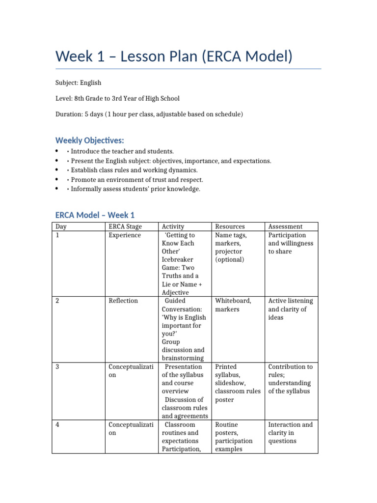 Week 1 English Lesson Plan ERCA | PDF | Lesson Plan | English Language