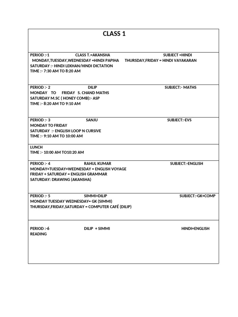 Class 1 Weekly Schedule Overview | PDF
