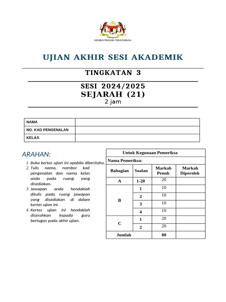 Kertas UASA Sejarah T3 | PDF