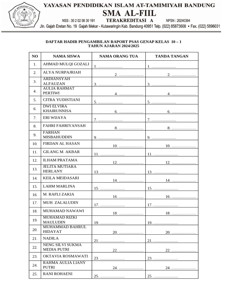 2425 Daftar Hadir Pengambilan Raport PSTS Genap Sma | PDF