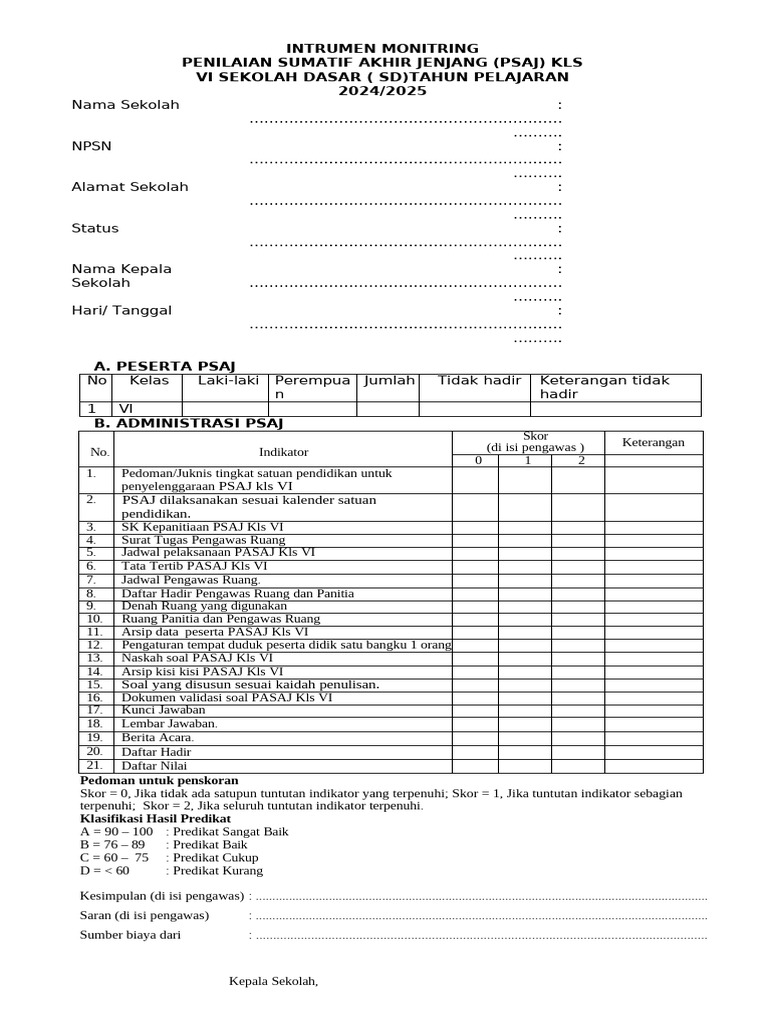 Lembar Monev PSAJ Kelas VI SD 2024/2025 | PDF
