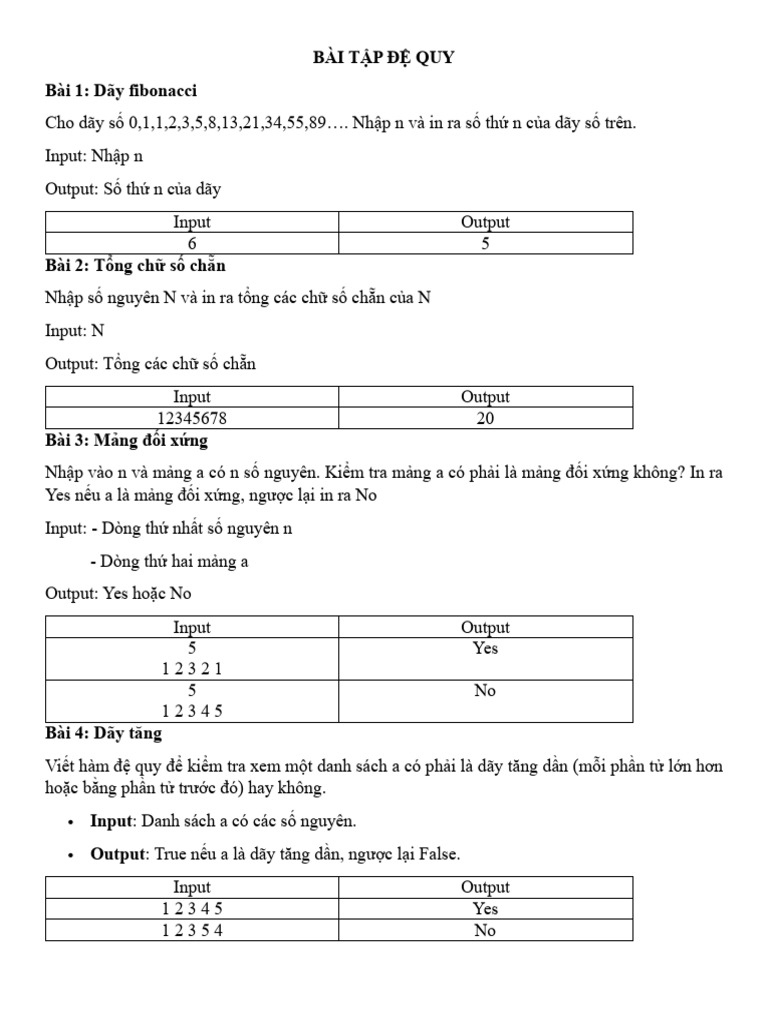 BÀI TẬP ĐỆ QUY | PDF