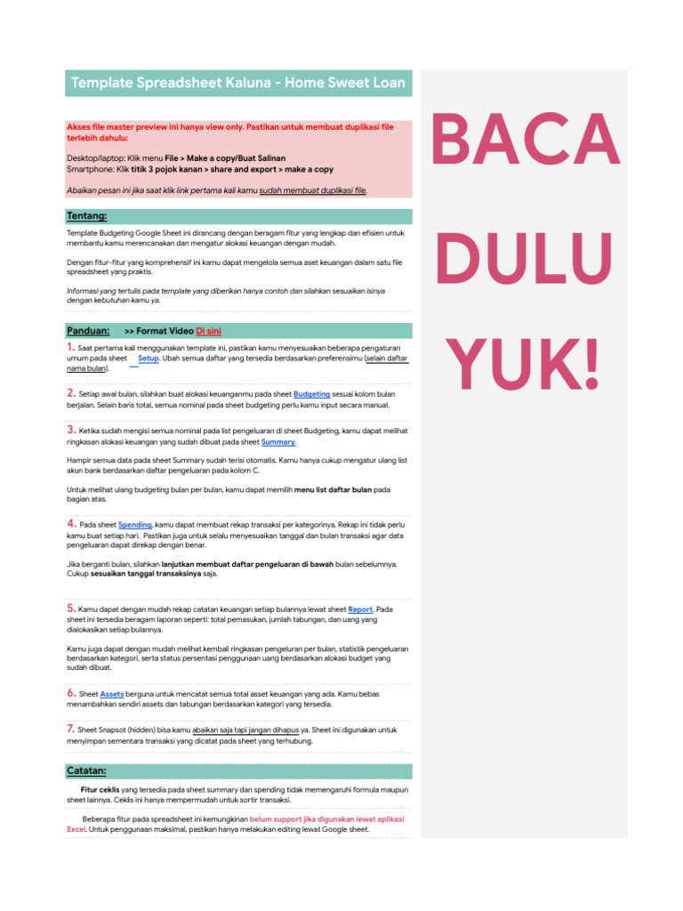 Template Spreadsheet Kaluna - Home Sweet Loan-1 | PDF