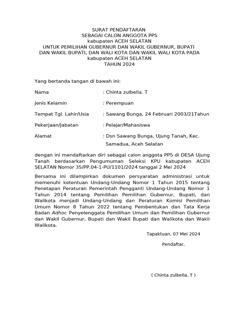 Surat Pendaftaran - Chinta Pps | PDF