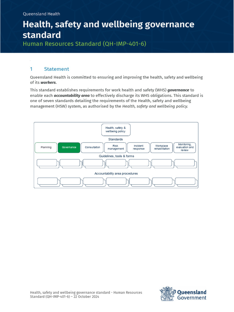 Queensland Health WHS Governance Standard | PDF | Occupational Safety ...