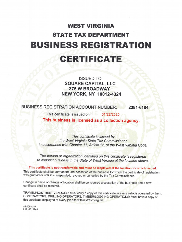 Square Capital WV Collection LIcense NY 01.22.20 | PDF