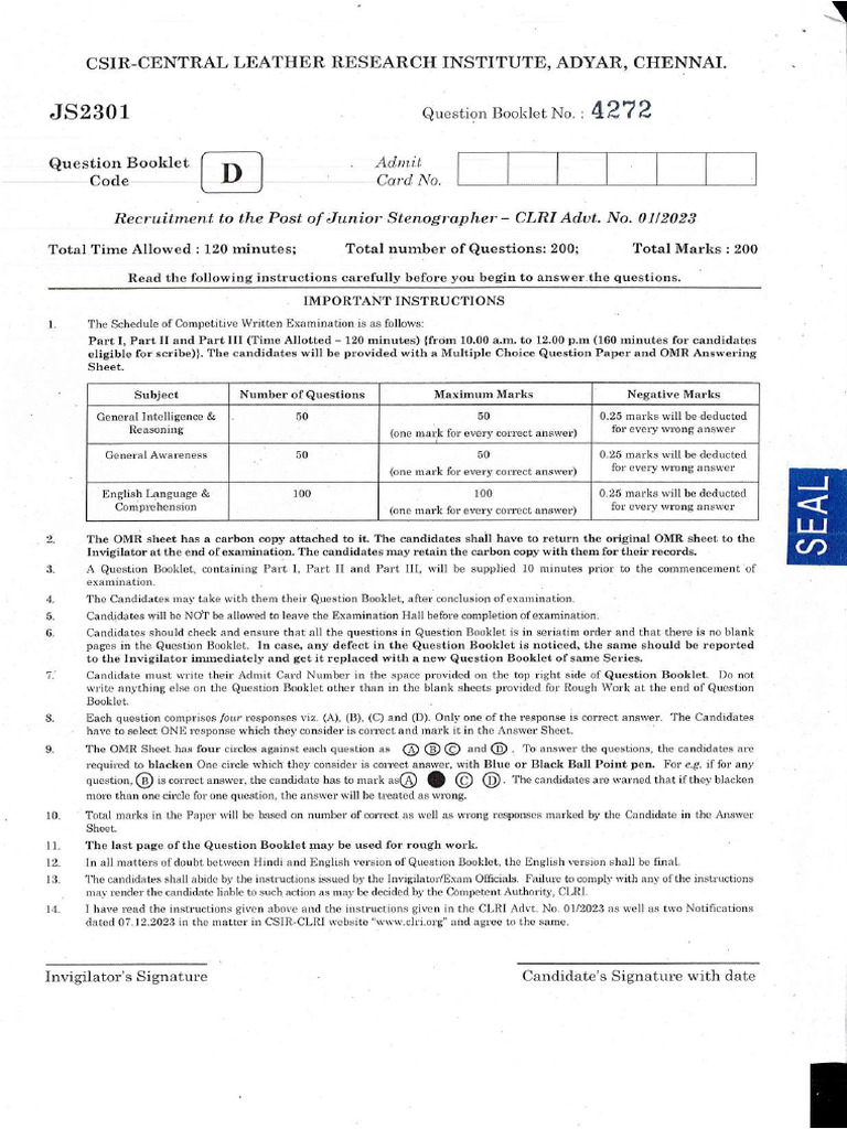 Junior Steno-Advt 01-2023 - QP - Compressed | PDF
