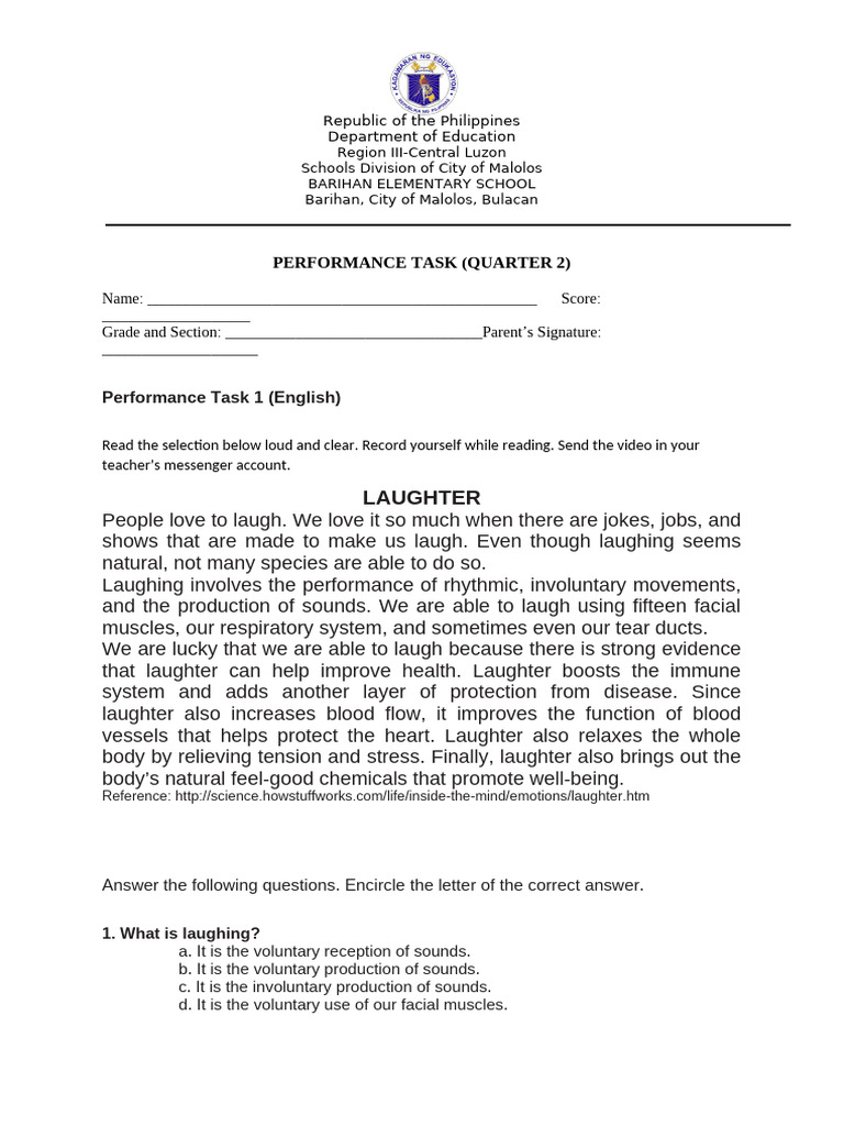 Q2 Performance Tasks 2021 | PDF | Laughter