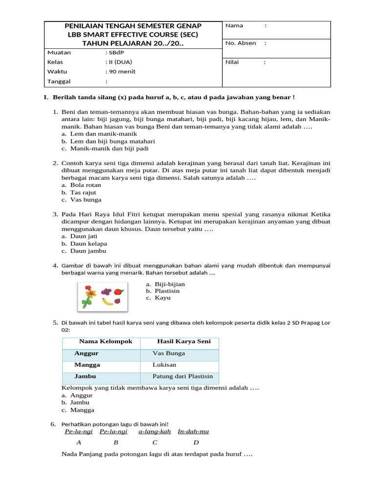 Soal PTS 2 SBdP Kelas 2 | PDF