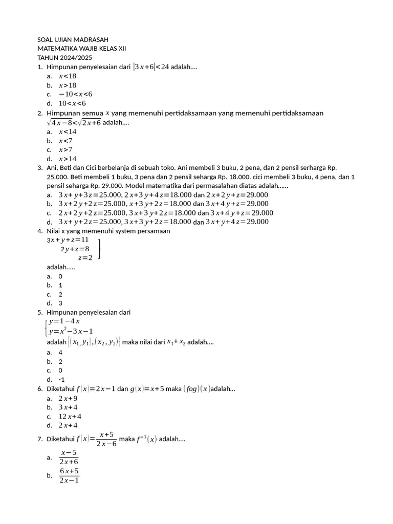 soal UM mtk wajib | PDF