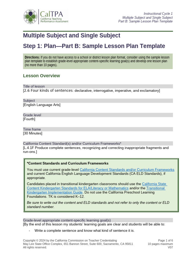 CalTPA_C1_S1_B_LessonPlan_OptionalTemplate | PDF | Educational ...
