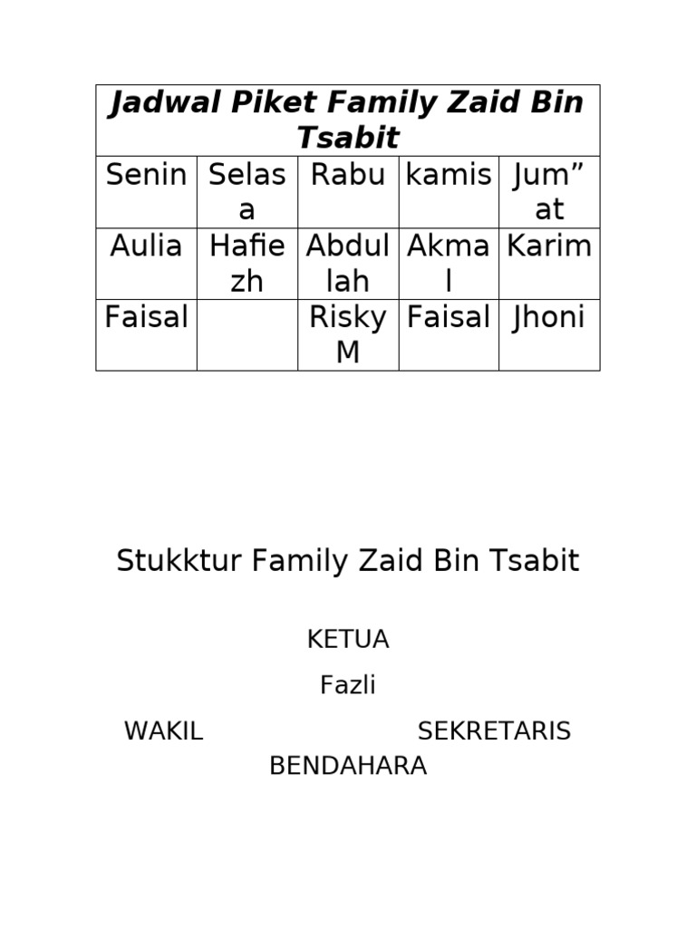 Jadwal Piket Family Zaid | PDF