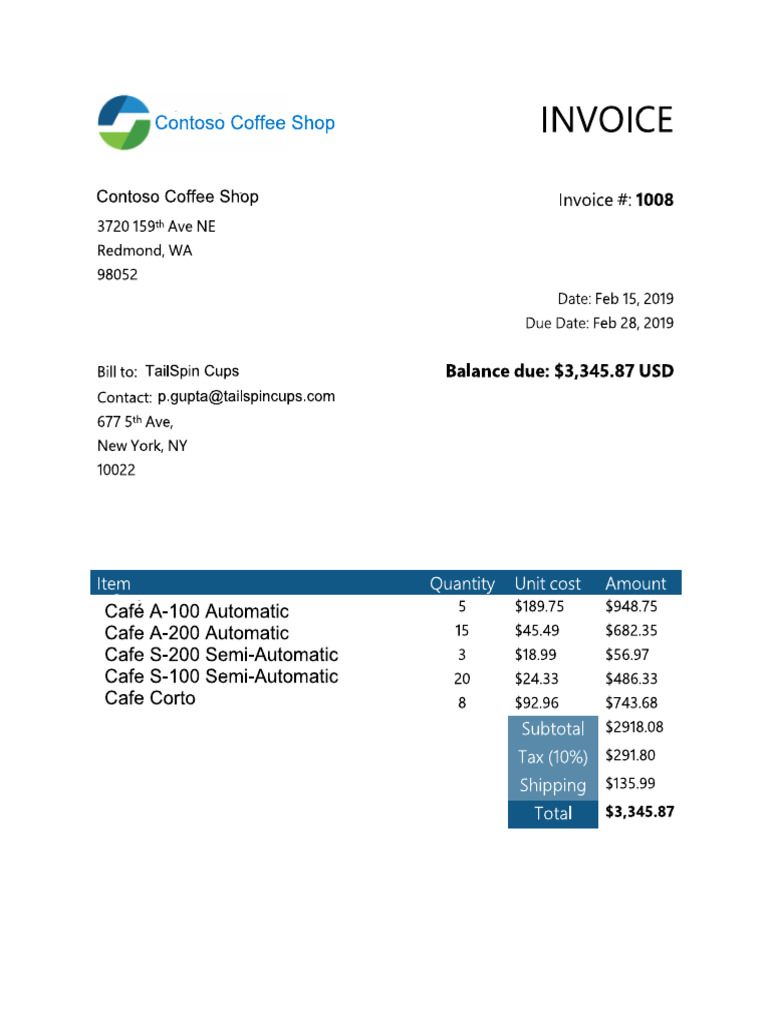 Contoso INVOICE (TailSpin) | PDF