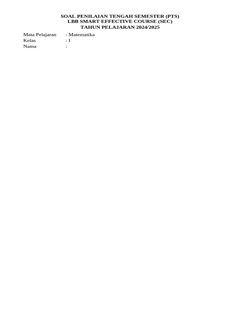 Soal PTS MTK Kelas 1 | PDF