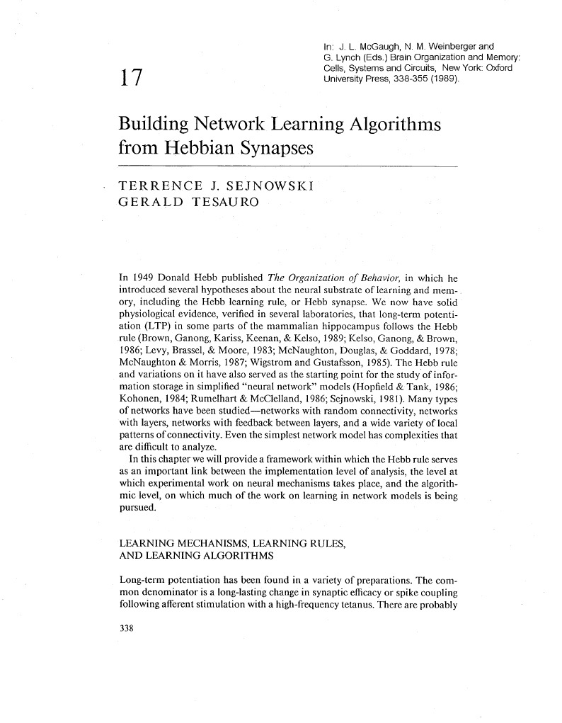 Building Network Learning Algorithms From Hebbian Synapses: Terrence J ...