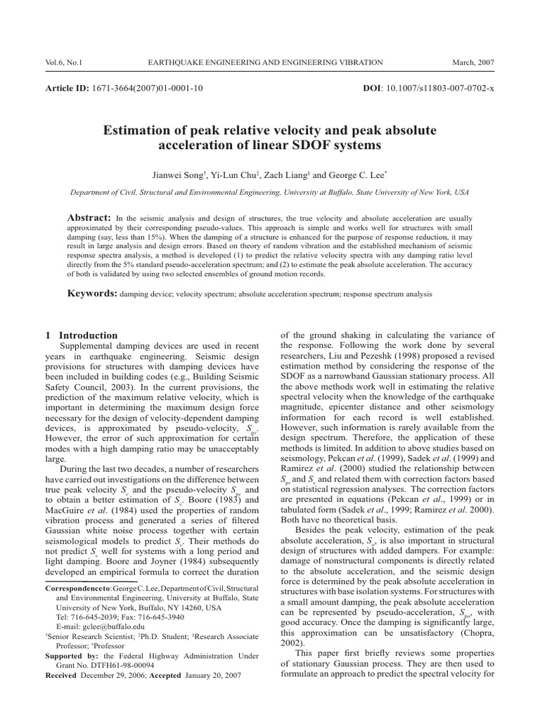 Estimation of Peak Relative Velocity and Peak Absolute Acceleration of Linear SDOF Systems | PDF ...