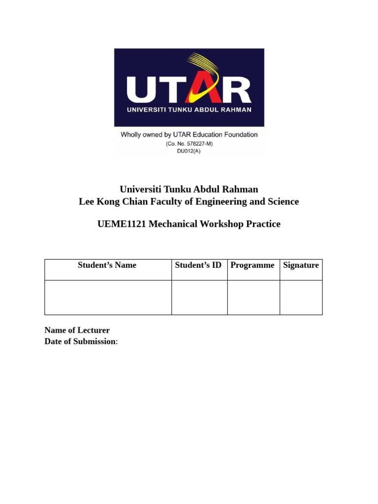 UEME1121 Mechanical Workshop Practice | PDF | Drilling | Drill