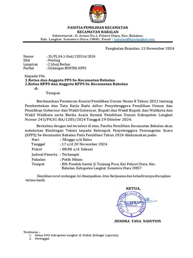 Undangan Bimtek KPPS Babalan | PDF