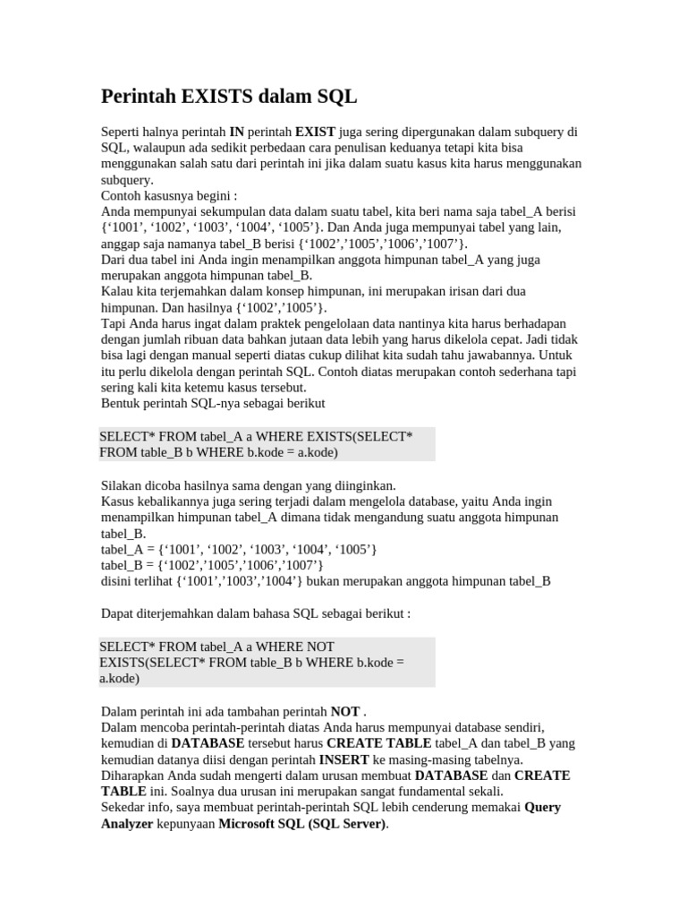 Perintah EXISTS Dalam SQL | PDF