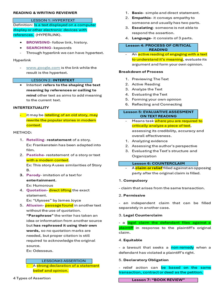 READING&WRITING REVIEWER | PDF | Intertextuality | Hyperlink