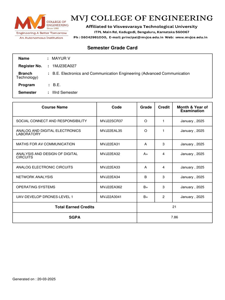 University Marks 1MJ23EA027 | PDF